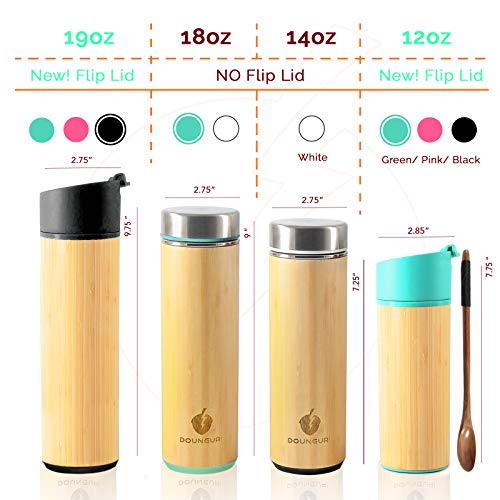 Dounguri Bamboo Thermos with Tea Infuser & Strainer 19oz capacity - Keeps Hot & Cold for 12 Hrs - Vacuum Insulated Stainless Steel Travel Tea Tumbler Infuser Bottle for Loose Leaf Tea & Coffee