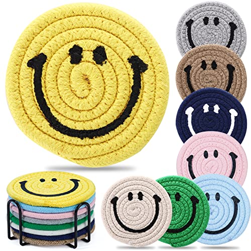 TAOPE Funny Coasters for Drinks with Holder, 8 PCS Handmade Braided Drink Coasters for Coffee Table, Super Absorbent Coasters for Wooden Table, Cute Coasters for Housewarming Gift