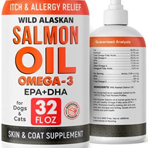 32oz Salmon Oil Omega 3 for Dogs - Fish Oil for Pets - Joint Health - Allergy Relief - Itch Relief, Shedding - Skin and Coat Supplement – Wild Alaskan Salmon Oil - Omega 3 6 9 - EPA & DHA Fatty Acids