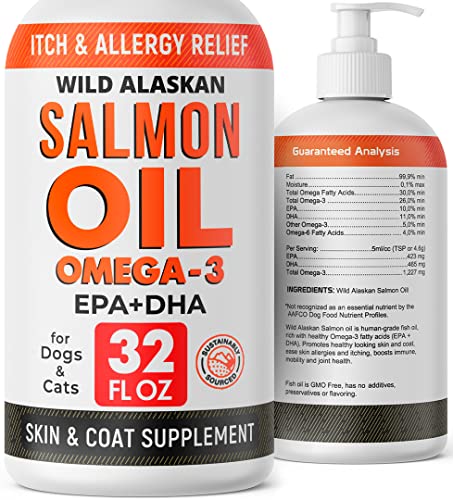 32oz Salmon Oil Omega 3 for Dogs - Fish Oil for Pets - Joint Health - Allergy Relief - Itch Relief, Shedding - Skin and Coat Supplement – Wild Alaskan Salmon Oil - Omega 3 6 9 - EPA & DHA Fatty Acids