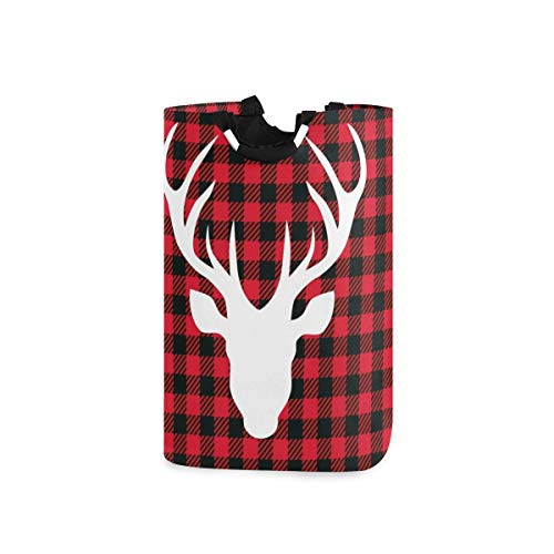 Christmas Reindeer Laundry Hamper Winter Red Plaid Laundry Bag Organizer Storage Clothes Toys Laundry Bakets for Bathroom Laundry Room Bedroom (Plaid Deer)