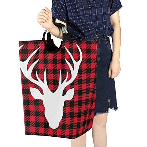 Christmas Reindeer Laundry Hamper Winter Red Plaid Laundry Bag Organizer Storage Clothes Toys Laundry Bakets for Bathroom Laundry Room Bedroom (Plaid Deer)