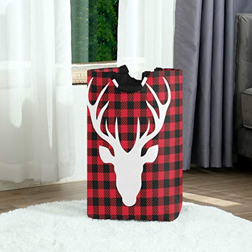 Christmas Reindeer Laundry Hamper Winter Red Plaid Laundry Bag Organizer Storage Clothes Toys Laundry Bakets for Bathroom Laundry Room Bedroom (Plaid Deer)