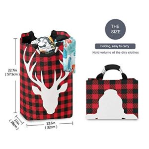 Christmas Reindeer Laundry Hamper Winter Red Plaid Laundry Bag Organizer Storage Clothes Toys Laundry Bakets for Bathroom Laundry Room Bedroom (Plaid Deer)