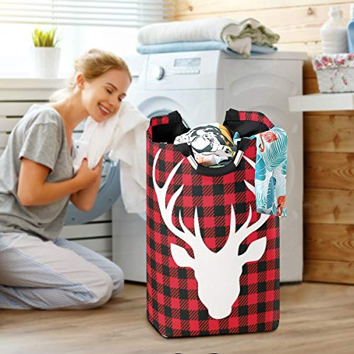 Christmas Reindeer Laundry Hamper Winter Red Plaid Laundry Bag Organizer Storage Clothes Toys Laundry Bakets for Bathroom Laundry Room Bedroom (Plaid Deer)