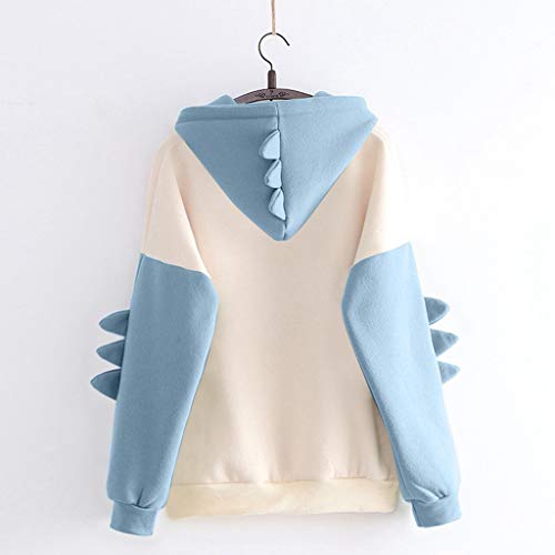 Meikosks Women's Dinosaur Sweatshirt Long Sleeve Splice Tops Cartoon Cute Hoodies Teens Girls Casual Pullover (Blue, Large, l)