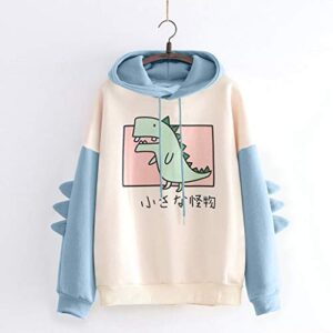 Meikosks Women's Dinosaur Sweatshirt Long Sleeve Splice Tops Cartoon Cute Hoodies Teens Girls Casual Pullover (Blue, Large, l)