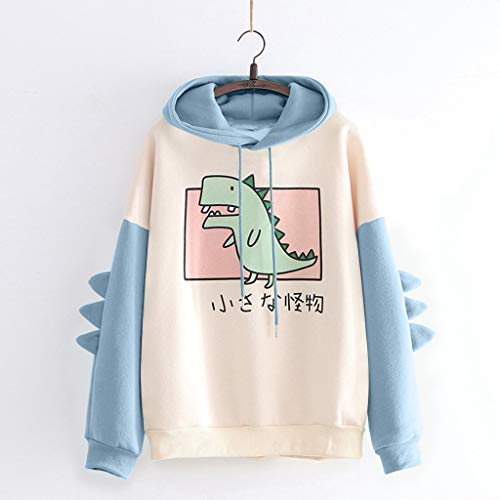 Meikosks Women's Dinosaur Sweatshirt Long Sleeve Splice Tops Cartoon Cute Hoodies Teens Girls Casual Pullover (Blue, Large, l)