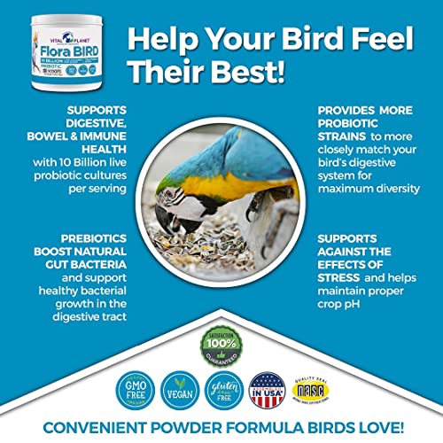 Vital Planet - Flora Bird Probiotic Powder Supplement with 10 Billion Cultures and 7 Diverse Strains, High Potency Probiotics for All Birds for Avian Digestive and Immune Support 80 Scoops 1.06 oz