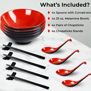 ANNIE'S KITCHEN Japanese Ramen Bowl Set of 4 Naruto Ramen Bowl With Chopsticks and Stands - Large Ramen Bowls Pho Bowls and Spoons Set 16 Piece Melamine (Red)