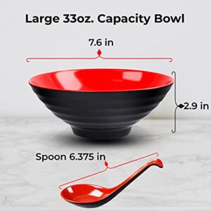 ANNIE'S KITCHEN Japanese Ramen Bowl Set of 4 Naruto Ramen Bowl With Chopsticks and Stands - Large Ramen Bowls Pho Bowls and Spoons Set 16 Piece Melamine (Red)