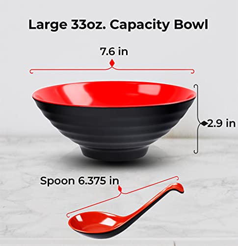 ANNIE'S KITCHEN Japanese Ramen Bowl Set of 4 Naruto Ramen Bowl With Chopsticks and Stands - Large Ramen Bowls Pho Bowls and Spoons Set 16 Piece Melamine (Red)