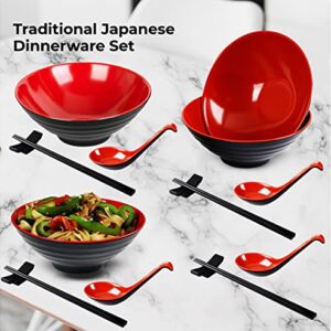 ANNIE'S KITCHEN Japanese Ramen Bowl Set of 4 Naruto Ramen Bowl With Chopsticks and Stands - Large Ramen Bowls Pho Bowls and Spoons Set 16 Piece Melamine (Red)