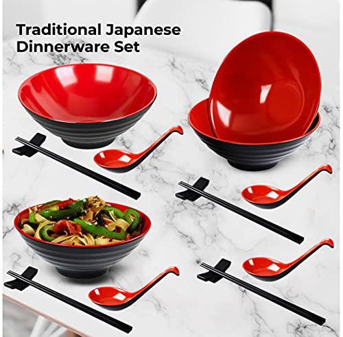 ANNIE'S KITCHEN Japanese Ramen Bowl Set of 4 Naruto Ramen Bowl With Chopsticks and Stands - Large Ramen Bowls Pho Bowls and Spoons Set 16 Piece Melamine (Red)