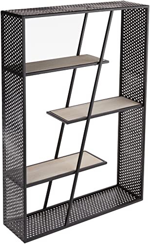 Admired By Nature Modern White Oak Wood Rectangular Mounted Metal Hanging Storage Floating Shelves, Black, ABN5E160-NTRL Wall Shelf