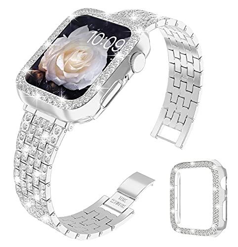 QVLANG Compatible for Apple Watch Band 40mm Series 6/5/4/SE, Diamond Rhinestone Case + Women Bling Band Stainless Steel Metal Bracelet for iWatch (Silver, 40mm)