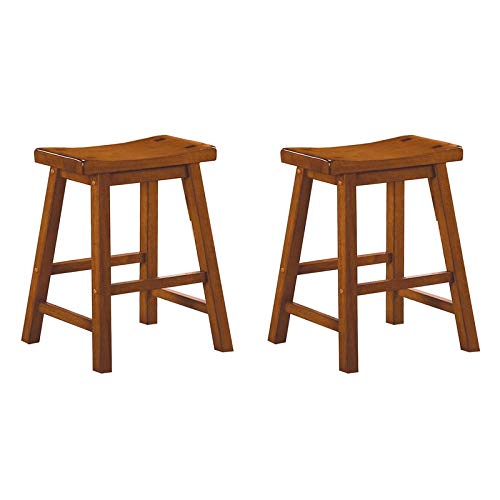 Pemberly Row 18" Solid Wood Saddle Stools for Dining Room, Farmhouse Backless Chair for Small Kitchen Spaces, Oak Brown, Set of 2