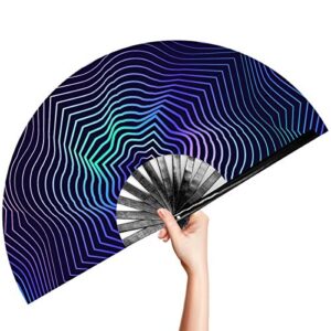 omytea rave clack hand fan for men/women - large chinese japanese bamboo folding handheld fan - for edm, music festival, club, event, party, dance, performance, decoration, gift (illusion trippy)