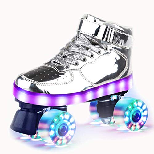 Women's Roller Skates High-top Girls Roller Skate Rechargeable Double Row Roller Skates Shiny Speed Skates for Boys Adults Teens Men Unisex with Shoe Bag (Silver,EU: 37-US: 6)