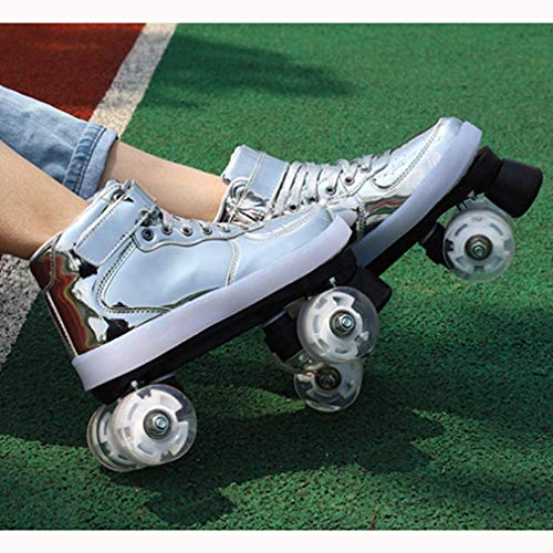 Women's Roller Skates High-top Girls Roller Skate Rechargeable Double Row Roller Skates Shiny Speed Skates for Boys Adults Teens Men Unisex with Shoe Bag (Silver,EU: 37-US: 6)