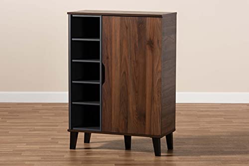 Baxton Studio Idina Mid-Century Modern Two-Tone Walnut Brown and Grey Finished Wood 1-Door Shoe Cabinet