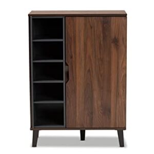 Baxton Studio Idina Mid-Century Modern Two-Tone Walnut Brown and Grey Finished Wood 1-Door Shoe Cabinet