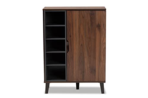 Baxton Studio Idina Mid-Century Modern Two-Tone Walnut Brown and Grey Finished Wood 1-Door Shoe Cabinet