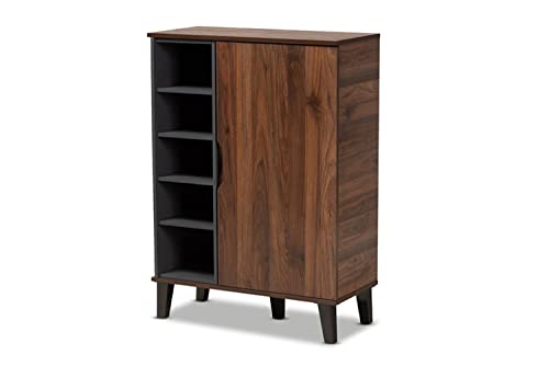 Baxton Studio Idina Mid-Century Modern Two-Tone Walnut Brown and Grey Finished Wood 1-Door Shoe Cabinet