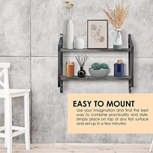 Halter Floating Shelves, 2 Tier Wall Mounted Shelves, Heavy Duty Brackets, Industrial Wood, Mounted, Above Toilet Bathroom Shelves, Bathroom Hanging Shelves with Curved Brackets, Medium, Grey Wood