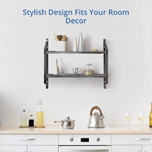 Halter Floating Shelves, 2 Tier Wall Mounted Shelves, Heavy Duty Brackets, Industrial Wood, Mounted, Above Toilet Bathroom Shelves, Bathroom Hanging Shelves with Curved Brackets, Medium, Grey Wood