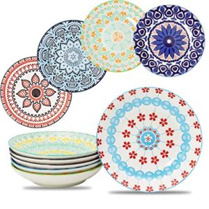 farielyn-x large salad pasta bowls set of 6, wide and shallow porcelain dinner bowl/dishes, 27 oz assorted patterns serving plates and bowls for pasta, salad, cereal, soup, microwave & dishwasher safe