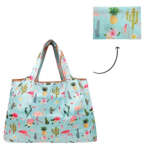 Bowbear Foldable Nylon Reusable Shopping Grocery Bag, Flamingos & Succulents