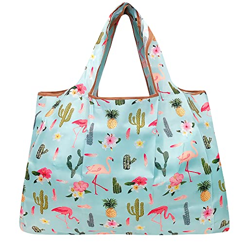 Bowbear Foldable Nylon Reusable Shopping Grocery Bag, Flamingos & Succulents