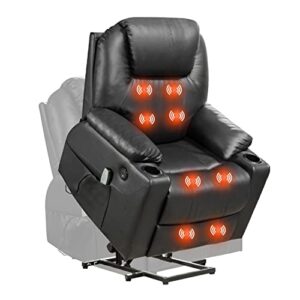 electric power lift chair recliner sofa for elderly massage chair, adjustable furniture with vibration massage and lumbar heated,remote control,usb ports for living room (black, leather)