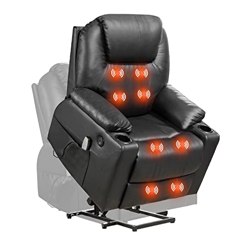 Electric Power Lift Chair Recliner Sofa for Elderly Massage Chair, Adjustable Furniture with Vibration Massage and Lumbar Heated,Remote Control,USB Ports for Living Room (Black, Leather)