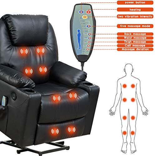 Electric Power Lift Chair Recliner Sofa for Elderly Massage Chair, Adjustable Furniture with Vibration Massage and Lumbar Heated,Remote Control,USB Ports for Living Room (Black, Leather)