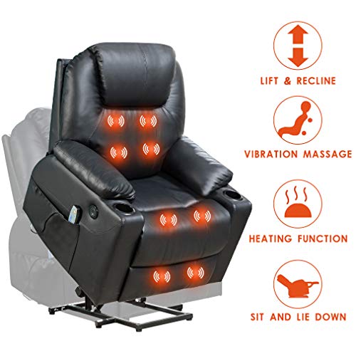 Electric Power Lift Chair Recliner Sofa for Elderly Massage Chair, Adjustable Furniture with Vibration Massage and Lumbar Heated,Remote Control,USB Ports for Living Room (Black, Leather)