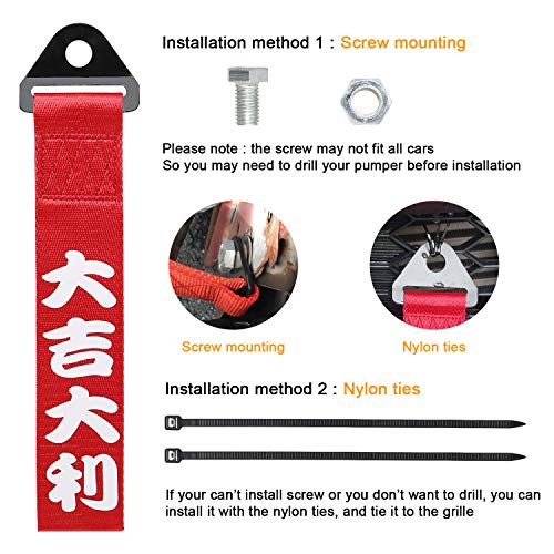 MOCHENT Tow Strap JDM - Sports Red Racing Tow Strap Car Modification Decorative Trailer Belt Personalized with Chinese Slogan Traction Rope Trailer Hook HF Fit for Front or Rear Front Bumper (Red)