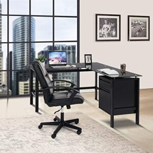 Pataku L Shaped Home Office Desk, Corner Computer Desk Modern Study Writing Table with 2 Drawers, Tempered Glass Desktop, Metal Frame, Black