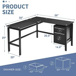 Pataku L Shaped Home Office Desk, Corner Computer Desk Modern Study Writing Table with 2 Drawers, Tempered Glass Desktop, Metal Frame, Black