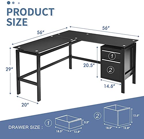 Pataku L Shaped Home Office Desk, Corner Computer Desk Modern Study Writing Table with 2 Drawers, Tempered Glass Desktop, Metal Frame, Black