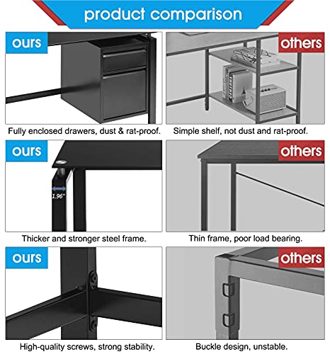 Pataku L Shaped Home Office Desk, Corner Computer Desk Modern Study Writing Table with 2 Drawers, Tempered Glass Desktop, Metal Frame, Black