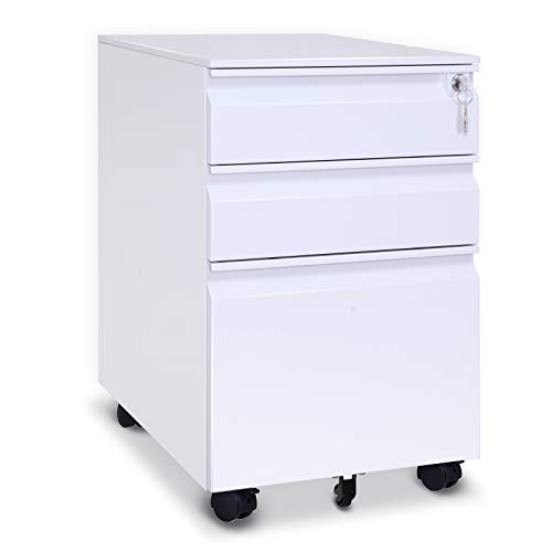 File Cabinet 3-Drawer on Wheels 23.6 Inch Mobile Storage Cabinet for Home and Office with Lock Metal Filing Cabinet Suitable for Legal and Letter at Least 13 Inches in Size,Fully Assembled (White)