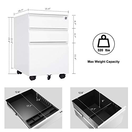 File Cabinet 3-Drawer on Wheels 23.6 Inch Mobile Storage Cabinet for Home and Office with Lock Metal Filing Cabinet Suitable for Legal and Letter at Least 13 Inches in Size,Fully Assembled (White)