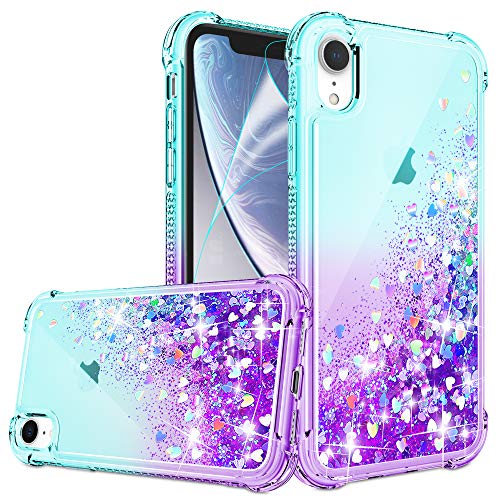 Gritup iPhone XR Case, iPhone XR Phone Case 6.1 inch with HD Screen Protector for Girls Women, Cute Clear Gradient Glitter Liquid TPU Slim Phone Case for iPhone XR Teal/Purple