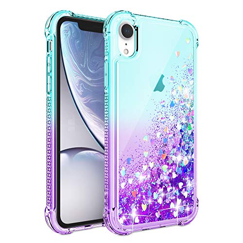 Gritup iPhone XR Case, iPhone XR Phone Case 6.1 inch with HD Screen Protector for Girls Women, Cute Clear Gradient Glitter Liquid TPU Slim Phone Case for iPhone XR Teal/Purple