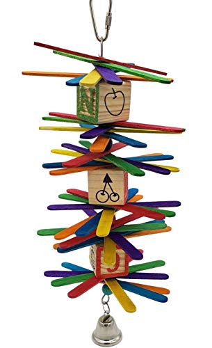 Tropical Chickens Chewing Stick with Wood Block Toy - Multicolored Natural Eco-Friendly Enrichment Toy with Bell for Bird Enrichment Conure Lovebird Cockatiels Small and Medium Birds