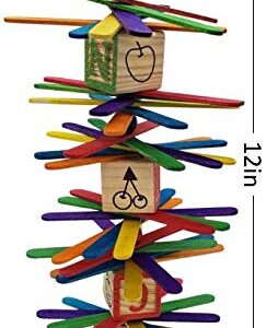 Tropical Chickens Chewing Stick with Wood Block Toy - Multicolored Natural Eco-Friendly Enrichment Toy with Bell for Bird Enrichment Conure Lovebird Cockatiels Small and Medium Birds