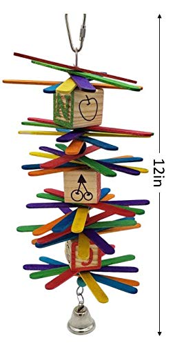 Tropical Chickens Chewing Stick with Wood Block Toy - Multicolored Natural Eco-Friendly Enrichment Toy with Bell for Bird Enrichment Conure Lovebird Cockatiels Small and Medium Birds