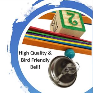 Tropical Chickens Chewing Stick with Wood Block Toy - Multicolored Natural Eco-Friendly Enrichment Toy with Bell for Bird Enrichment Conure Lovebird Cockatiels Small and Medium Birds